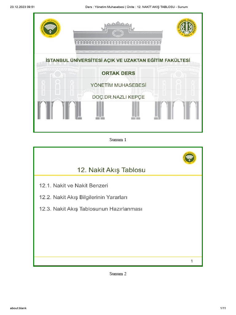 Ders _ Yönetim Muhasebesi _ Ünite _ 12. NAKİT AKIŞ TABLOSU - Sunum | PDF