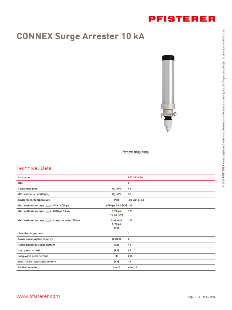 827 539 450 SURGE ARRESTER SIZE 3 - Ficha Tecnica | PDF | Physical Quantities | Power Engineering