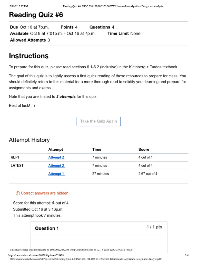 Reading Quiz 6 CPSC 320 101 102 103 2022W1 Intermediate Algorithm Design and Analysis PDF | PDF ...