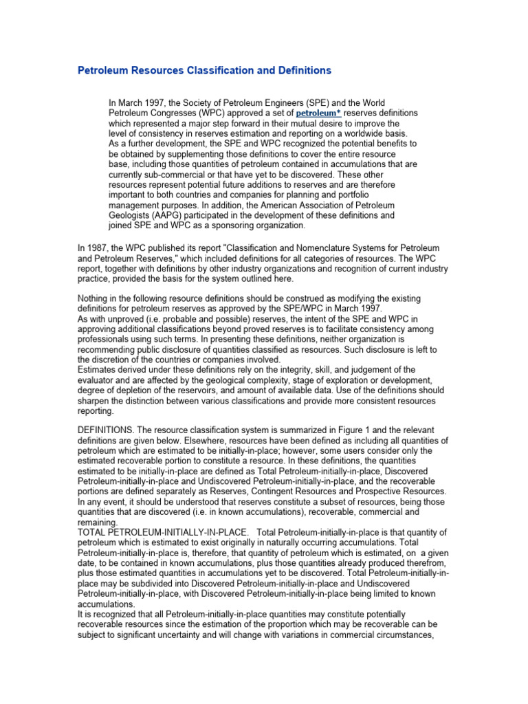 Petroleum Resources Classification and Definitions | PDF