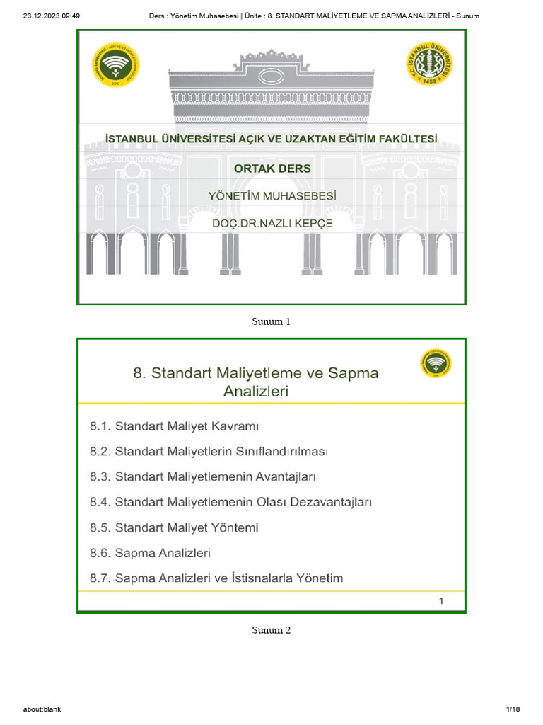 Ders _ Yönetim Muhasebesi _ Ünite _ 8. STANDART MALİYETLEME VE SAPMA ANALİZLERİ - Sunum | PDF
