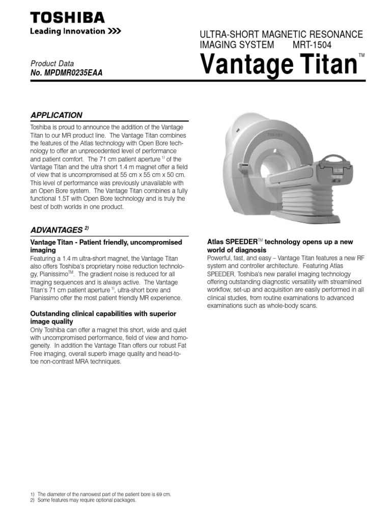 Toshiba Vantage Titan CAT Scanner Data Sheet | PDF | Magnetic Resonance Imaging | Computer Data ...