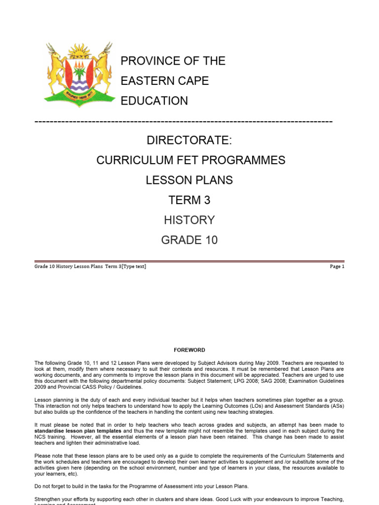 Grade 10 History Lesson Plans Term 3 | PDF | Lesson Plan | Information