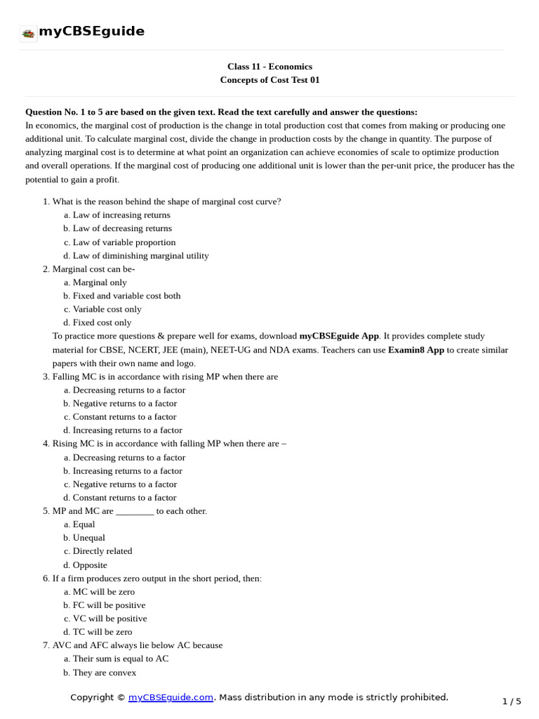 11 Eco Conceptofcost tp01 | PDF | Marginal Cost | Financial Accounting