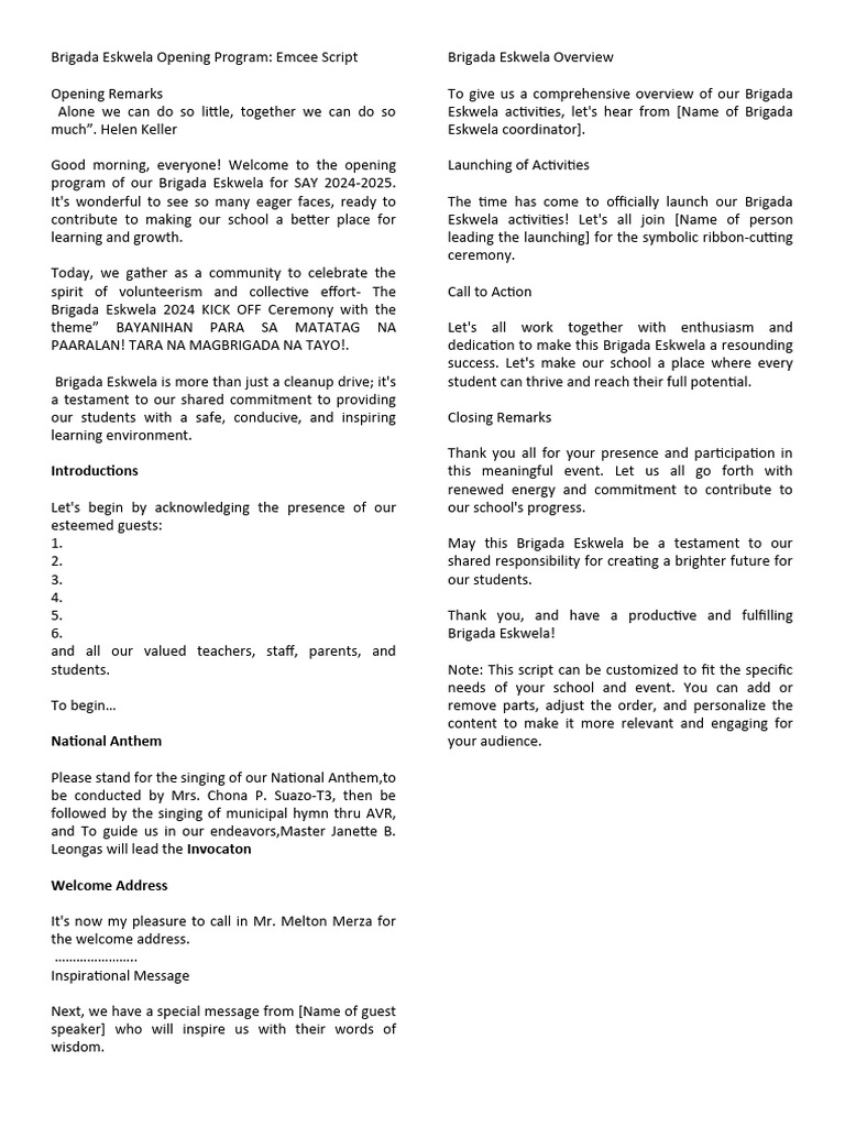 Brigada Eskwela Opening Program EMCEE SCRIPT | PDF | Career & Growth