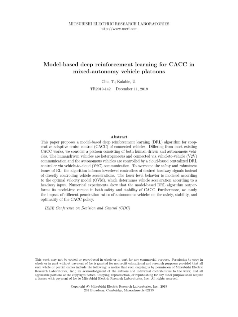 Model-Based Deep Reinforcement Learning For CACC in Mixed-Autonomy Vehicle Platoons | PDF | Deep ...