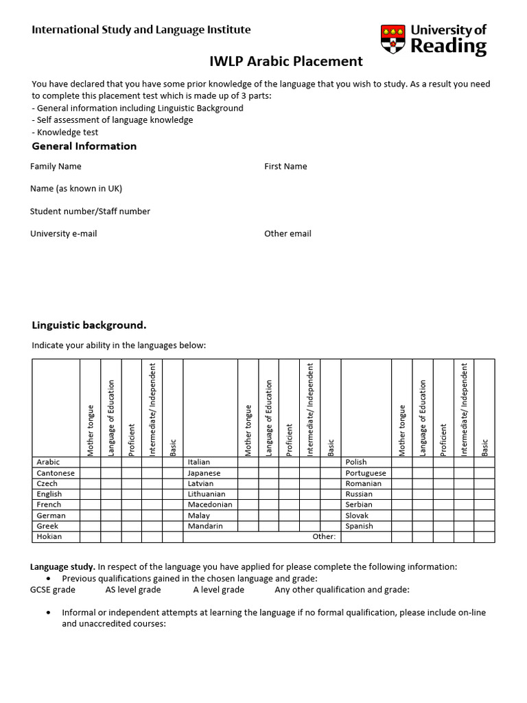 Arabic Placement Test | PDF | Knowledge | First Language
