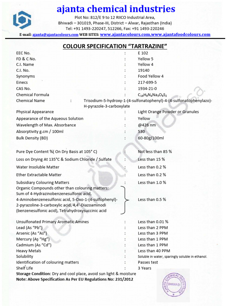 Tartrazine Color Specification Details | PDF | Chemistry | Physical ...