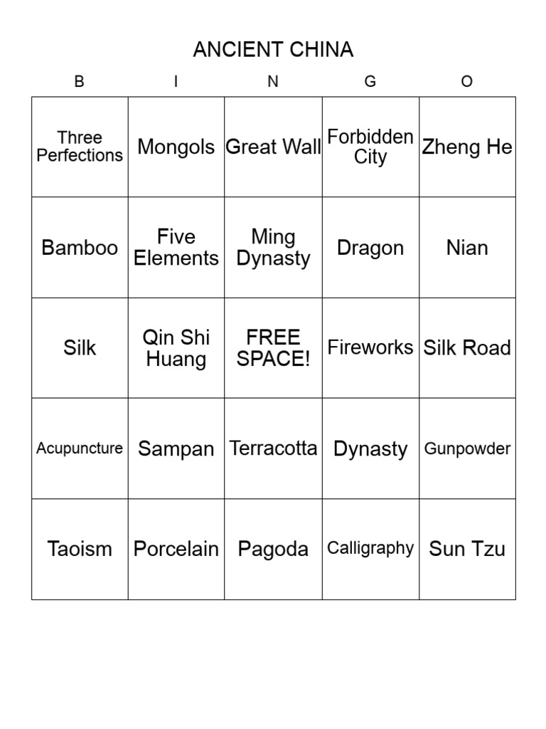 Ancient China Bingo Game List | PDF | History Of China | Yin And Yang