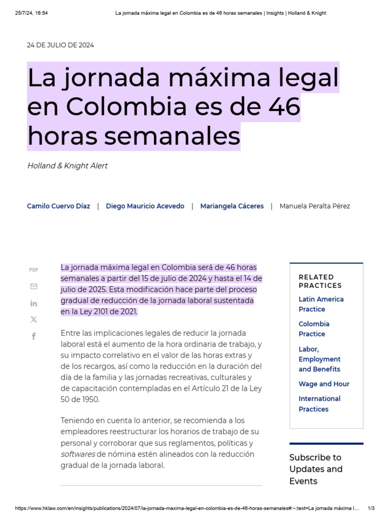La Jornada Máxima Legal en Colombia Es de 46 Horas Semanales - Insights ...