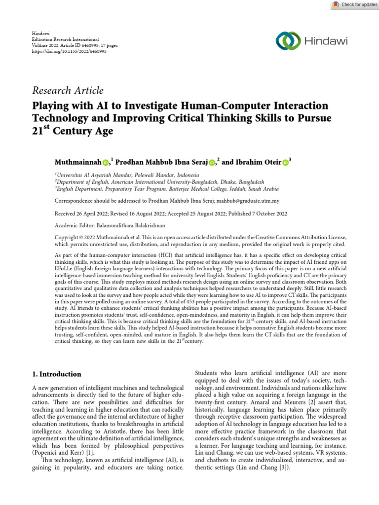 Education Research International - 2022 - Muthmainnah - Playing With AI ...