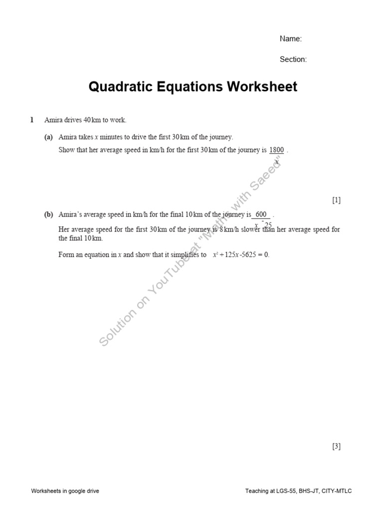 Quadratic Equations Worksheet | PDF | Mathematics | Elementary Geometry