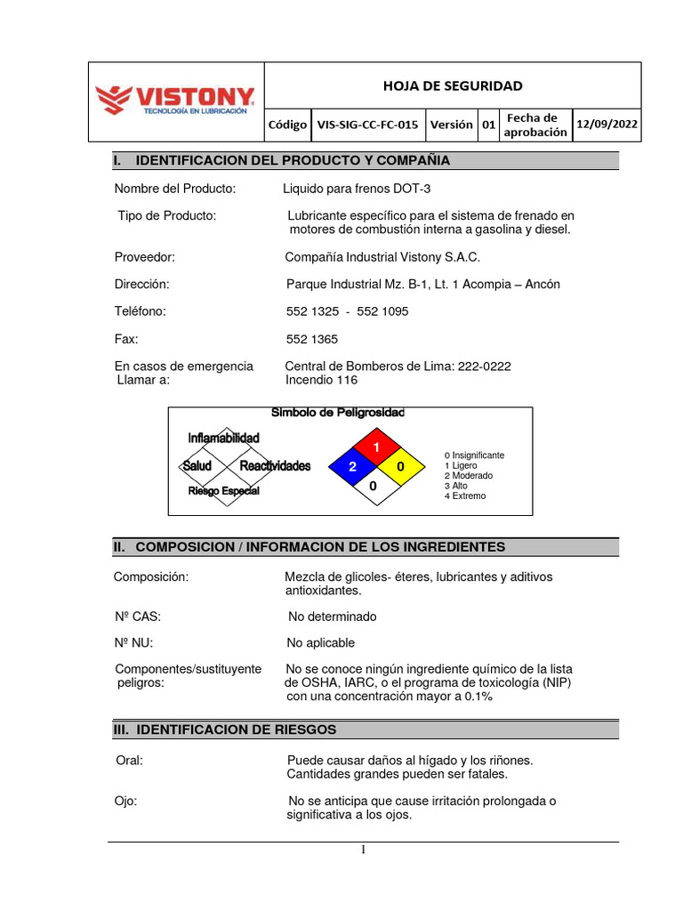 MSDS Liquido de Freno Dot 3 | PDF | Residuos | Agua