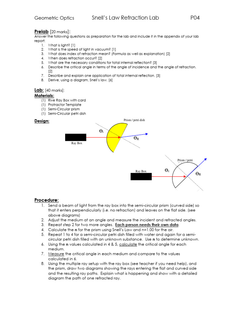 Lab_P04_-_Snell_Law_Lab | Download Free PDF | Refraction | Optics