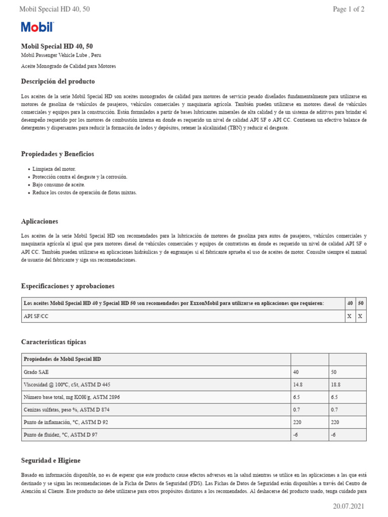 GL XX Mobil Special HD | PDF | Lubricante | Exxon Mobil