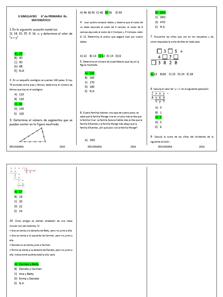 Simulacro de Matemáticas 6° Primaria | PDF