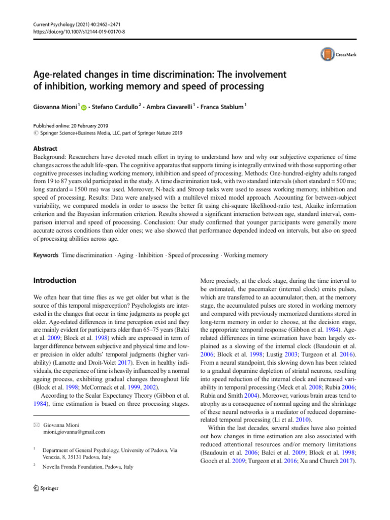 Mioni, G., Cardullo, S., Ciavarelli, A., - Stablum, F. (2019) | PDF | Mental Chronometry | Time ...