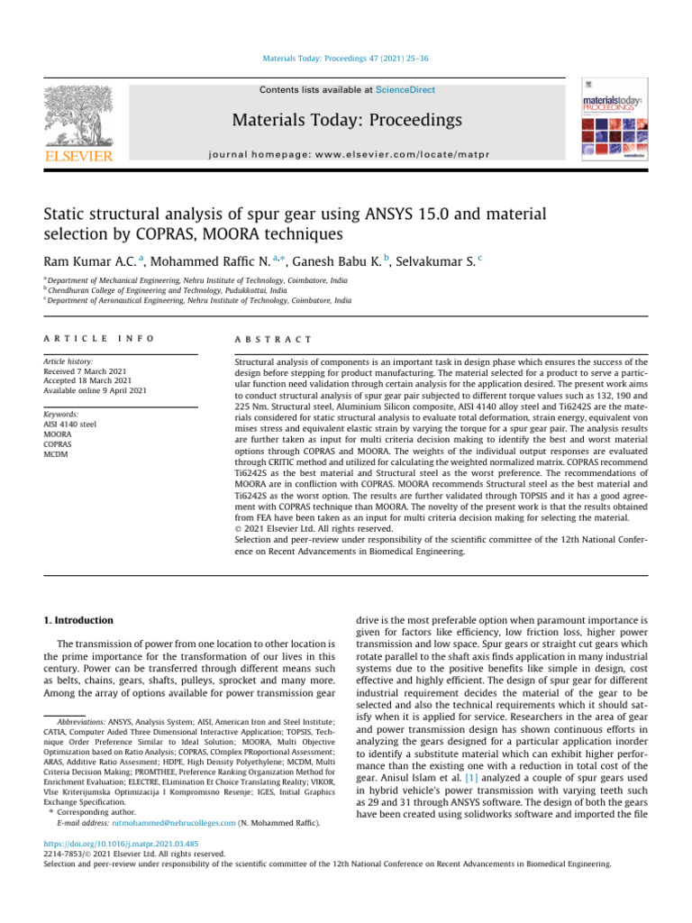 Static Structural Analysis of Spur Gear Using ANSYS 15.0 and Material ...
