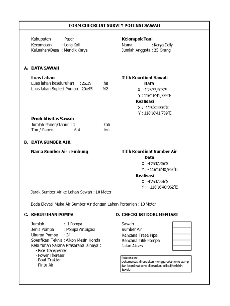 FORM SURVEY LOKASI POTENSI SAWAH POKTAN PAjri | PDF