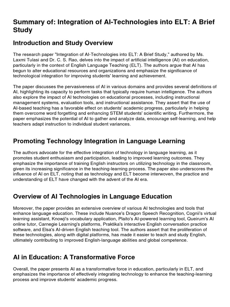 Summary of Integration of AI-Technologies Into ELT - A Brief Study ...