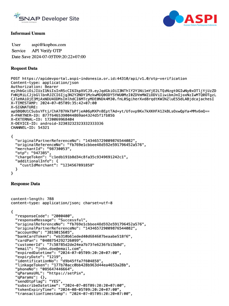 ASPI Deve Site - API Verify OTP | PDF