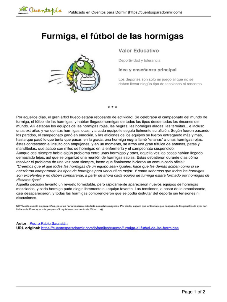 1 Furmiga, El Fútbol de Las Hormigas Cuento Con Enseñanza | PDF
