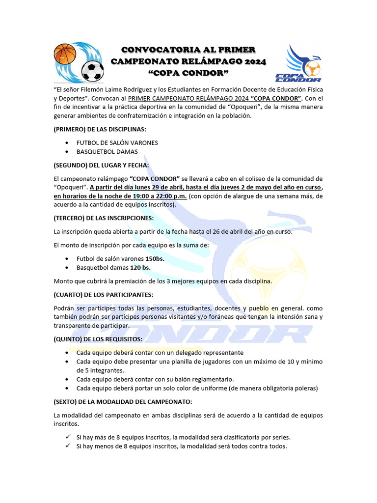 Convocatoria Copa Condor Opoqueri Digital | PDF | Deportes | Asociación ...