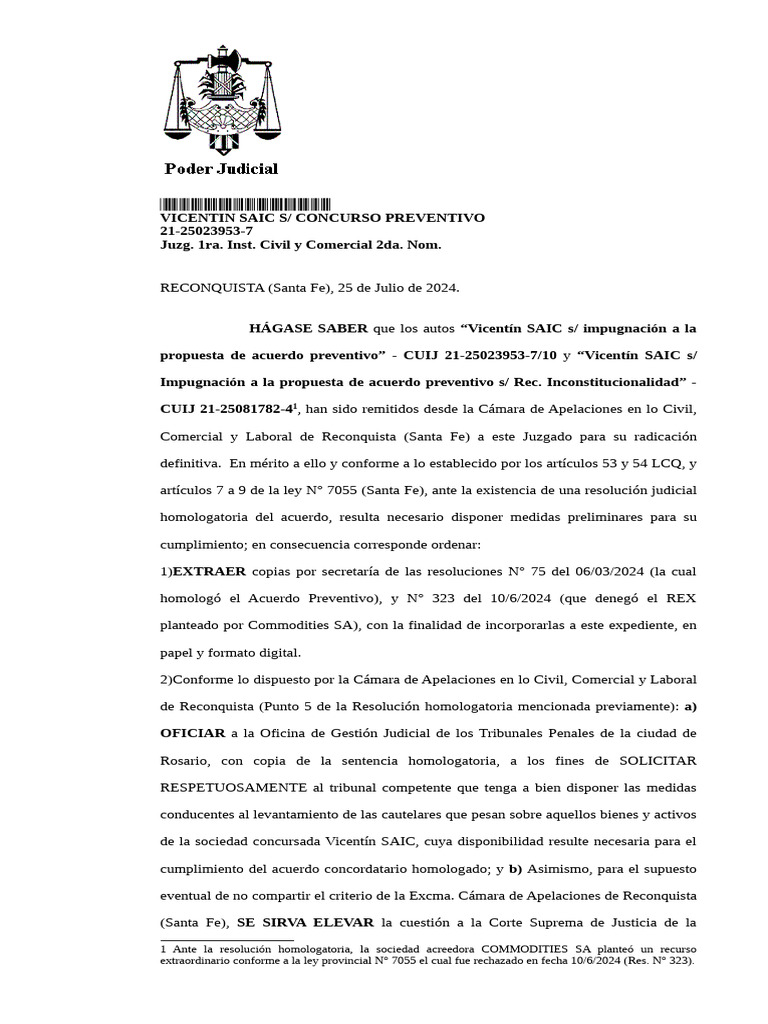 Impugnación Acuerdo Vicentín SAIC 2024 | PDF | Apelación | Separación ...