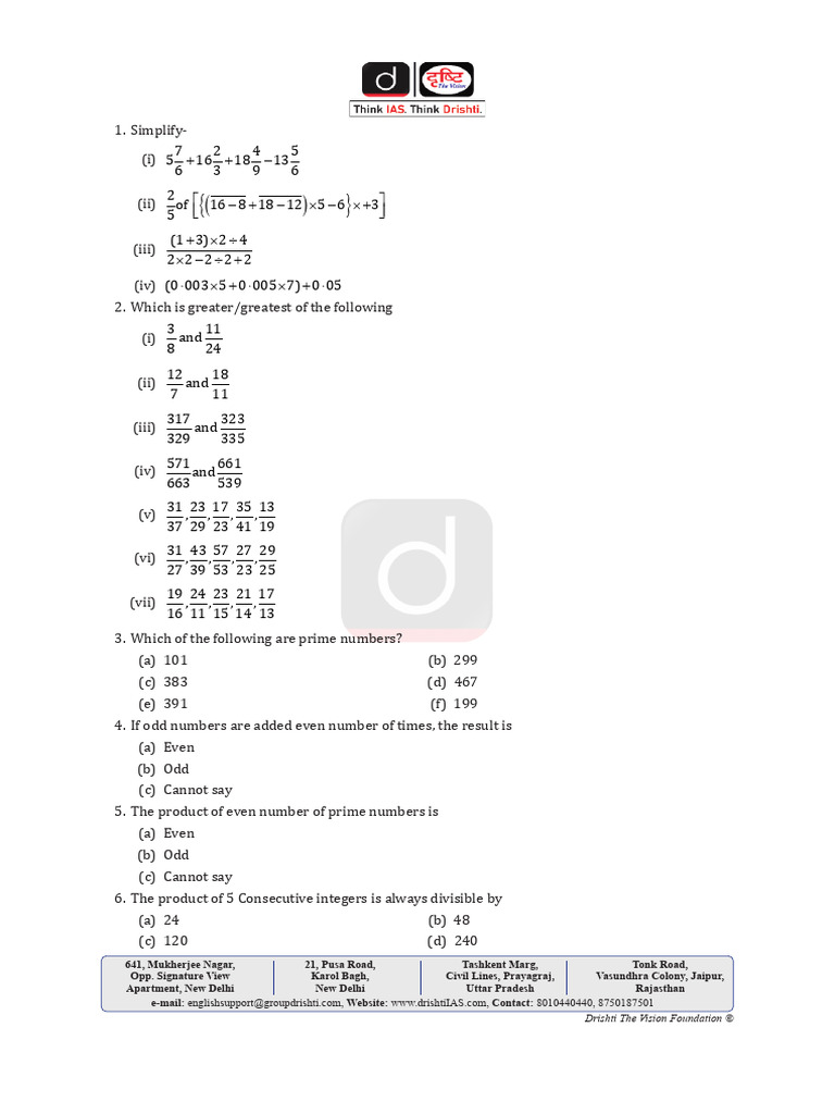 Math Practice Questions and Answers | PDF | Ring Theory | Arithmetic