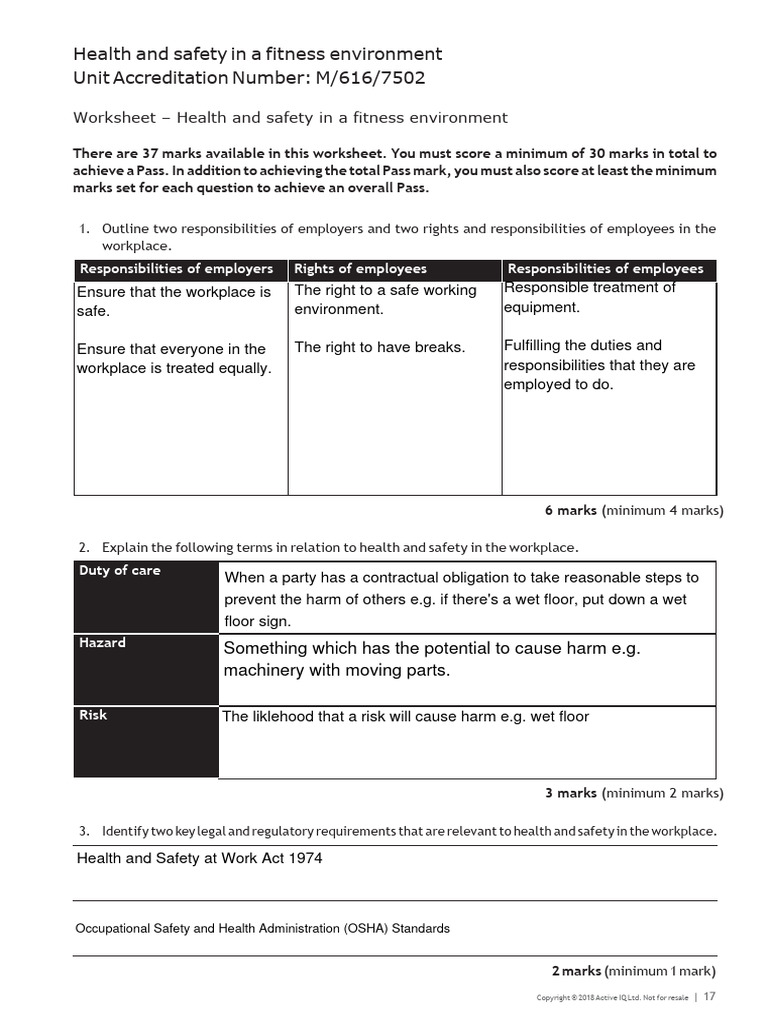 DRAFT Unit 3. Health & Safety Worksheet | PDF | Occupational Safety And ...