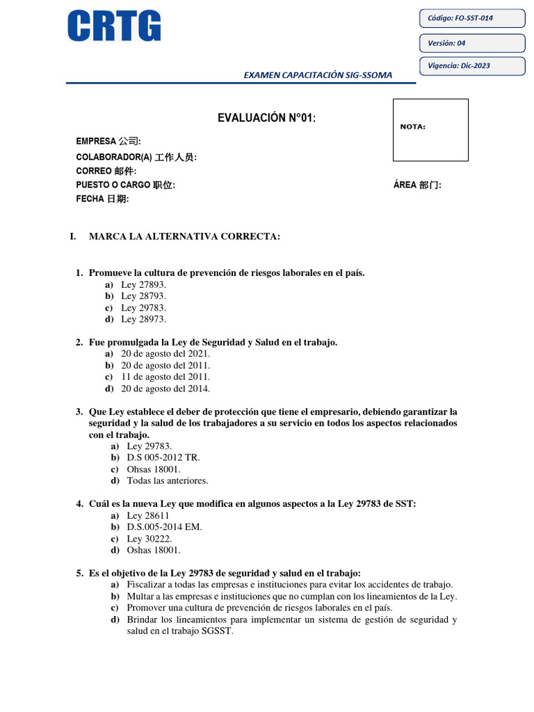 Fo-Sst-014 (v04) - Examen Capacitación Sig-Ssoma | PDF