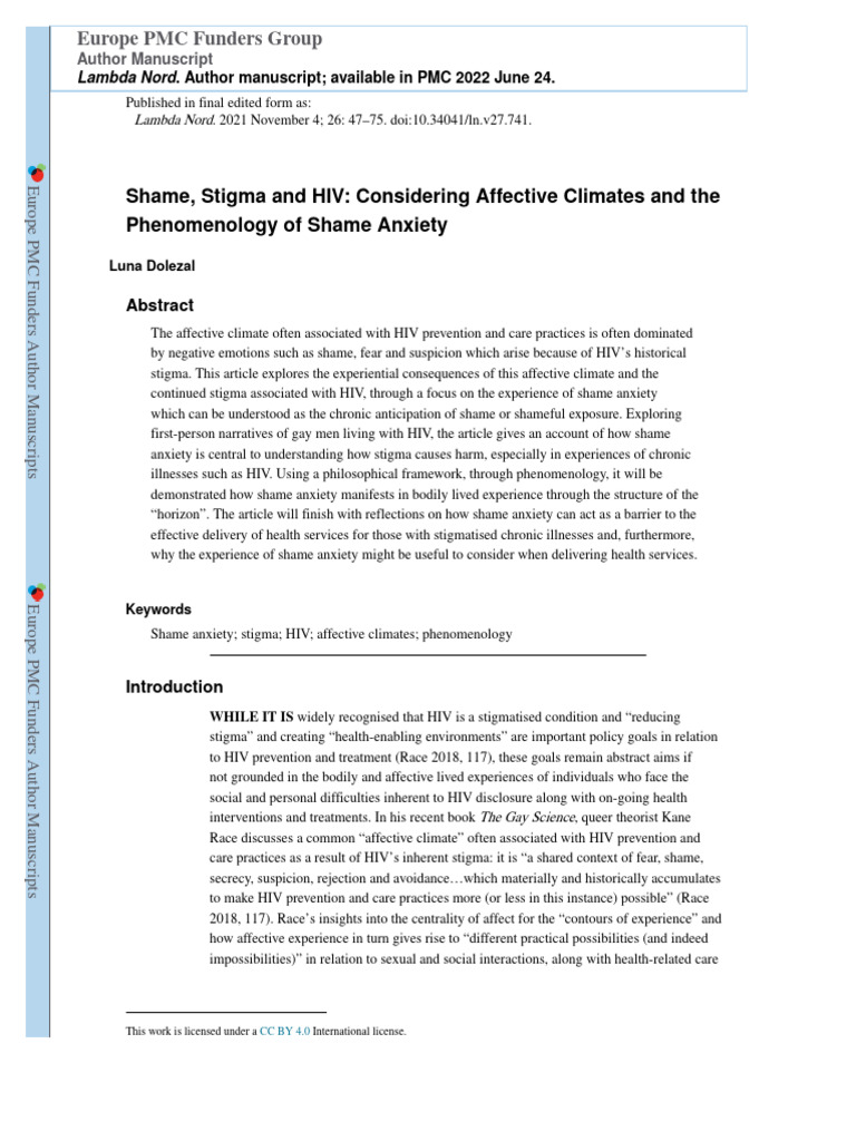 Shame Stigma HIV Considering Affective Climates An | PDF | Social ...