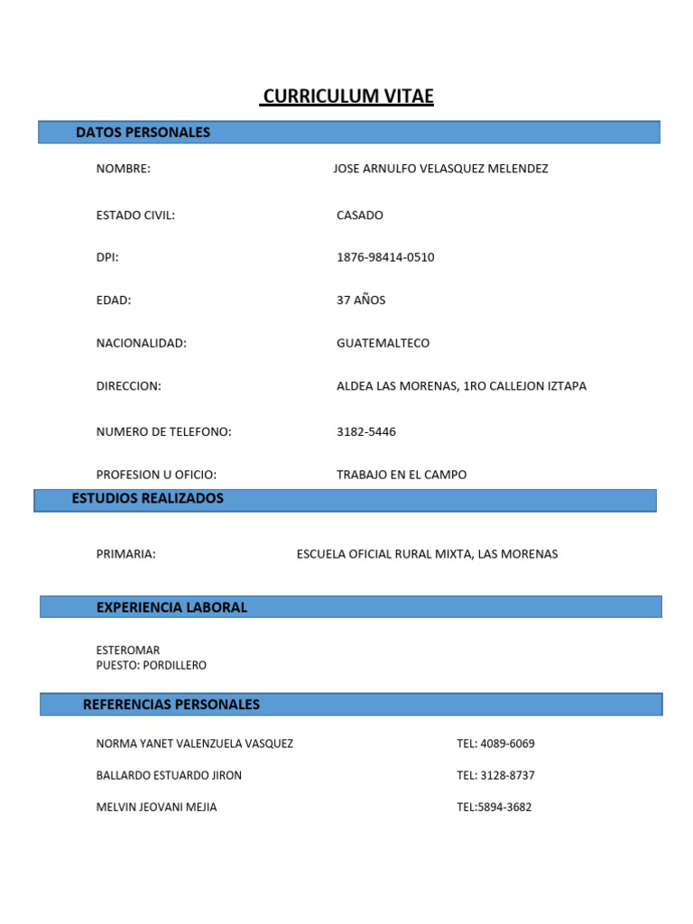 Curriculum de Jose Arnulfo Velasquez | PDF