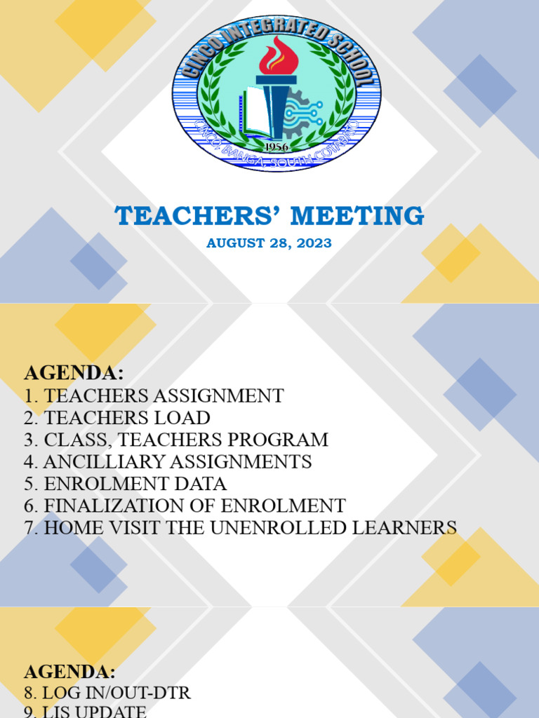 Teachers Meeting - August 28, 2023 | PDF | Learning Methods | Cognition