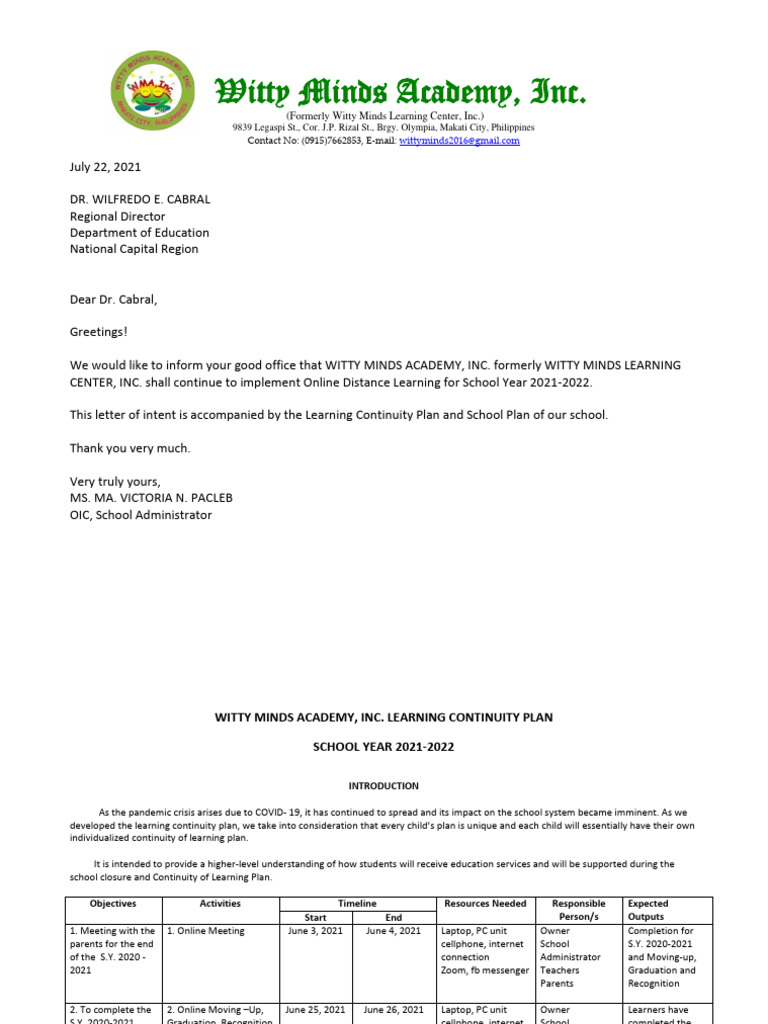 Witty Minds Academy Learning Plan 2021-2022 | PDF | Educational ...