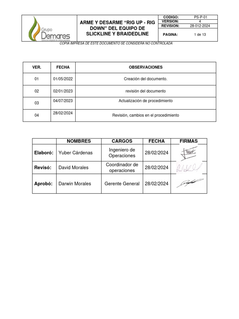 Procedimiento Rig Up/Rig Down Slickline | PDF | Martillo | Factores humanos y ergonomía