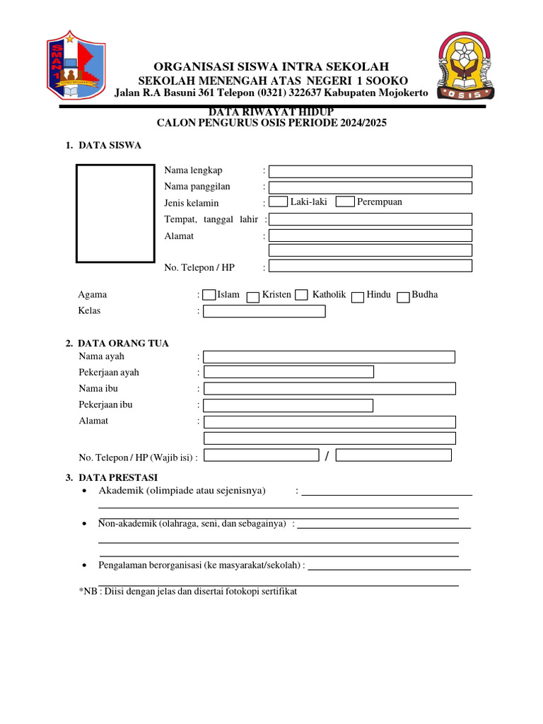 FORMULIR DATA RIWAYAT HIDUP CALON PENGURUS OSIS 2024_2025 | PDF