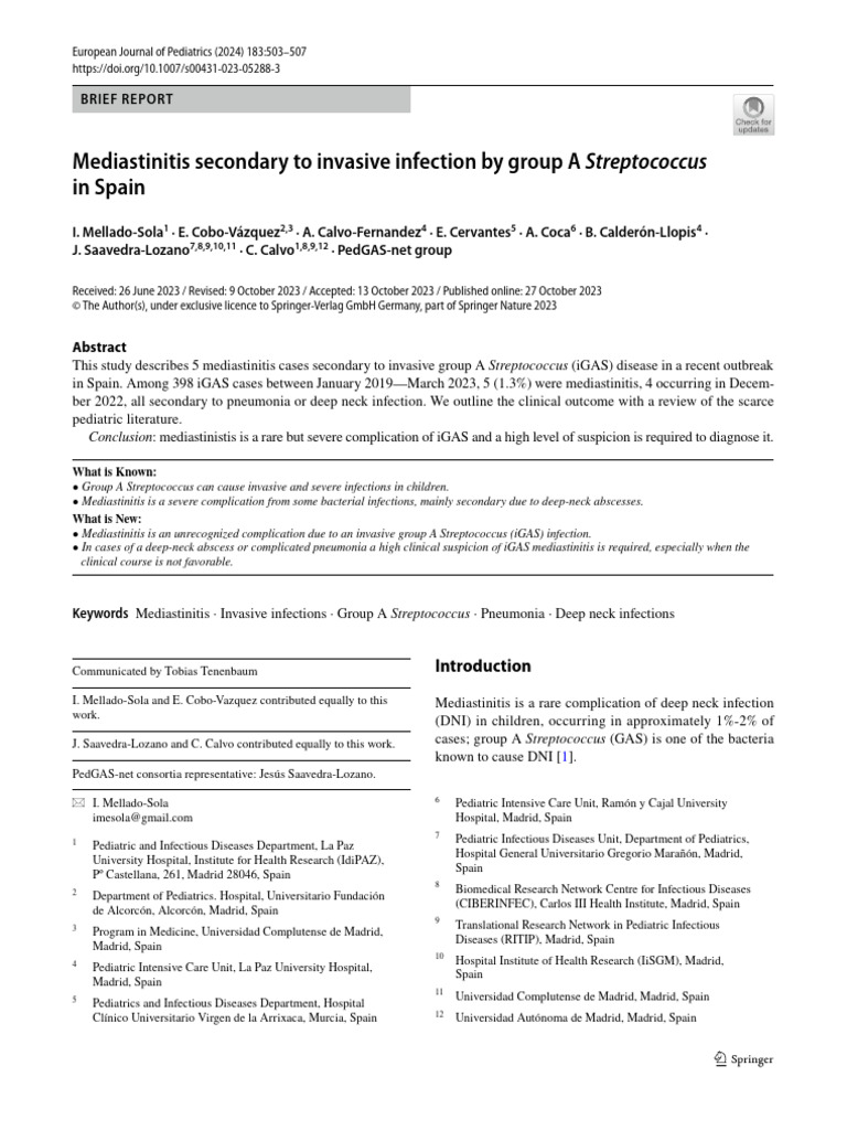 Mediastinitis Secondary To Invasive Infection by Group A Streptococcus ...