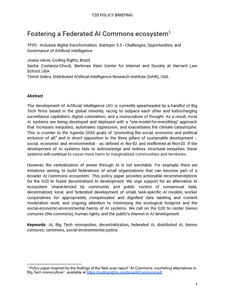 Fostering A Federated AI Commons Ecosystem - T20 Policy Briefing ...