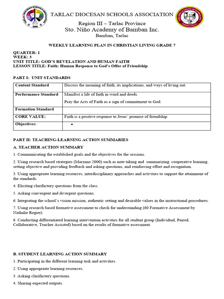 CLE Grade 7 - 1Q 3rd Weekly Lesson Plan - 2023 | PDF | Learning ...