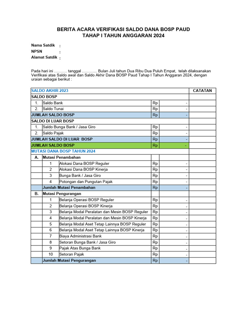 Berita Acara Verifikasi Saldo Dana Bosp Paud Tahap 1 - Rev | PDF