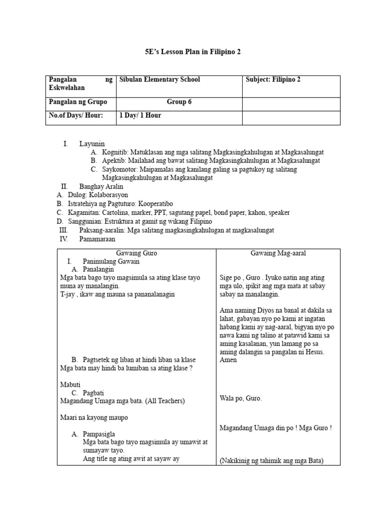 5ES Lesson Plan Groupings Filipino | PDF