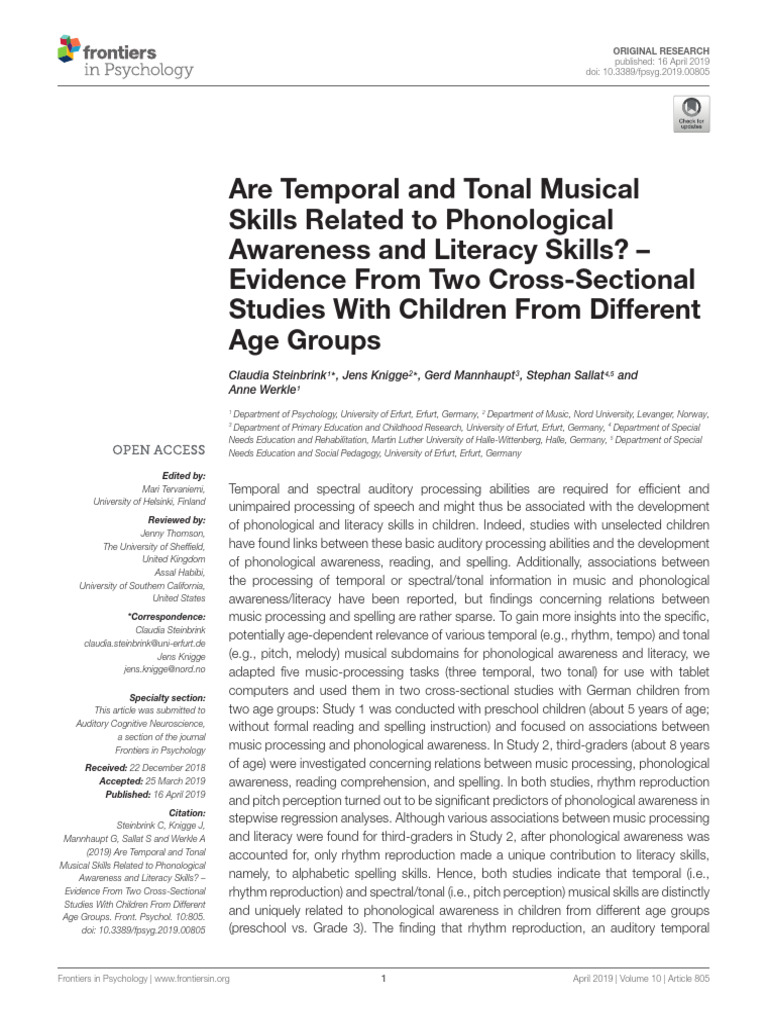 Are Temporal and Tonal Musical Skills Related To Phonological Awareness ...