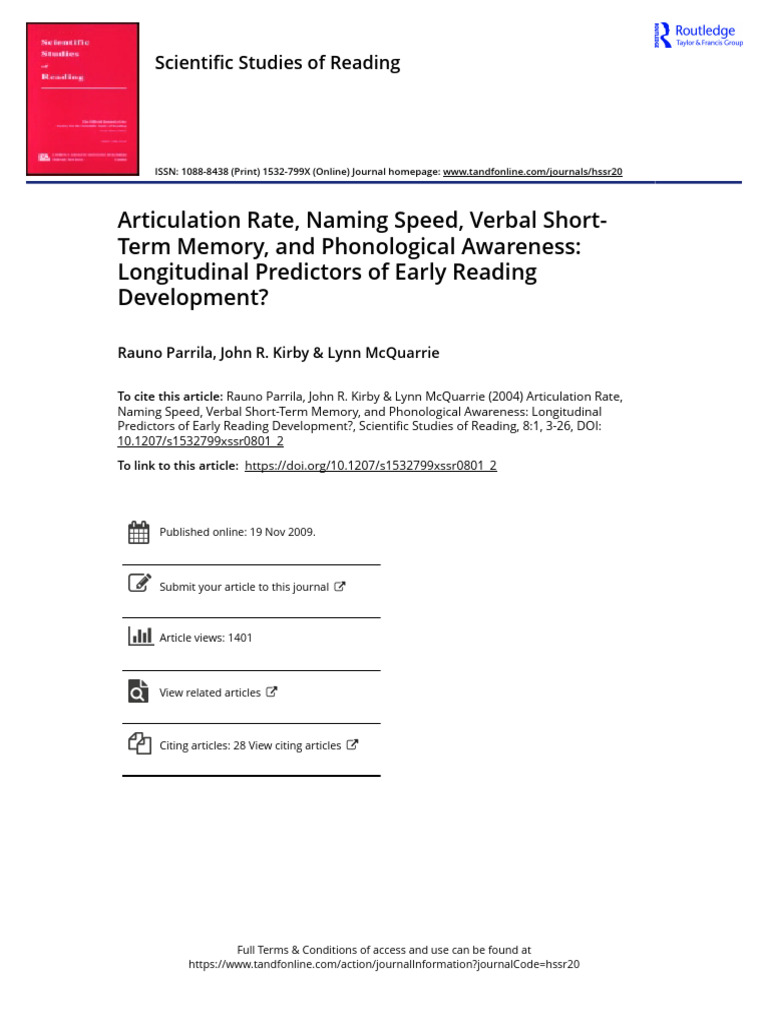 Articulation Rate Naming Speed Verbal Short-Term Memory and Phonological Awareness Longitudinal ...