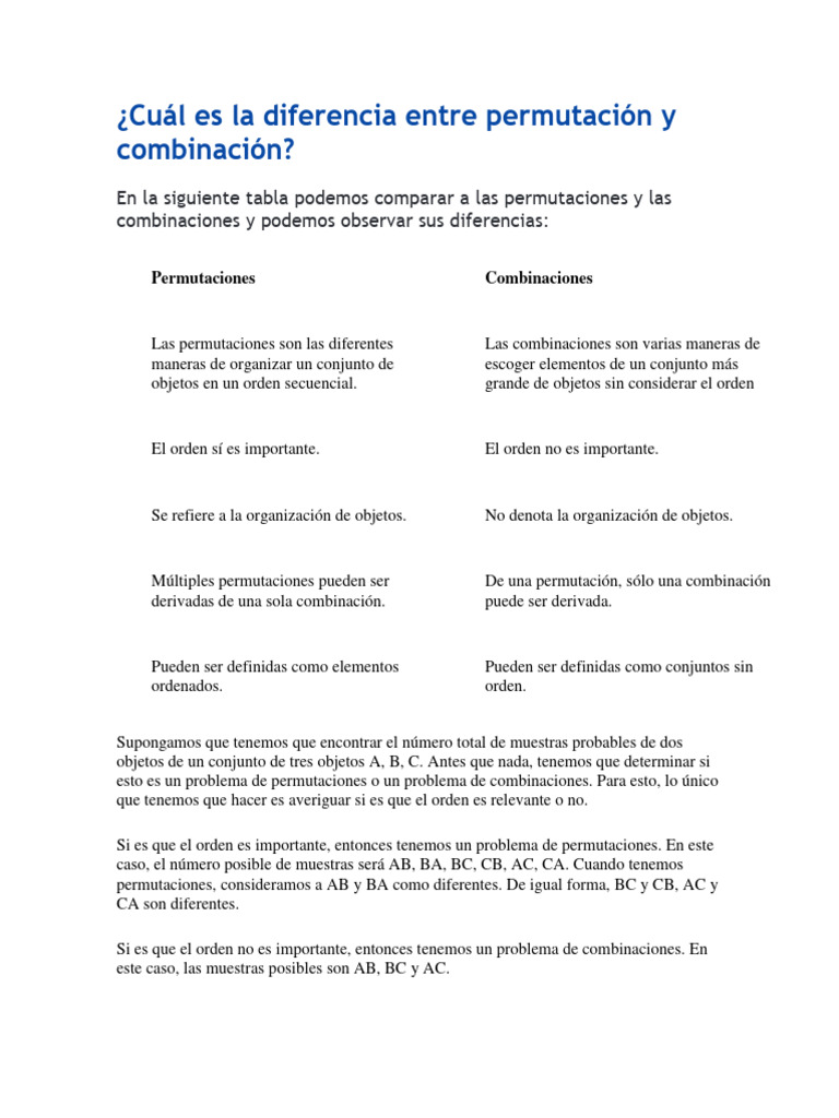 Cuál Es La Diferencia Entre Permutación Y Combinación Pdf