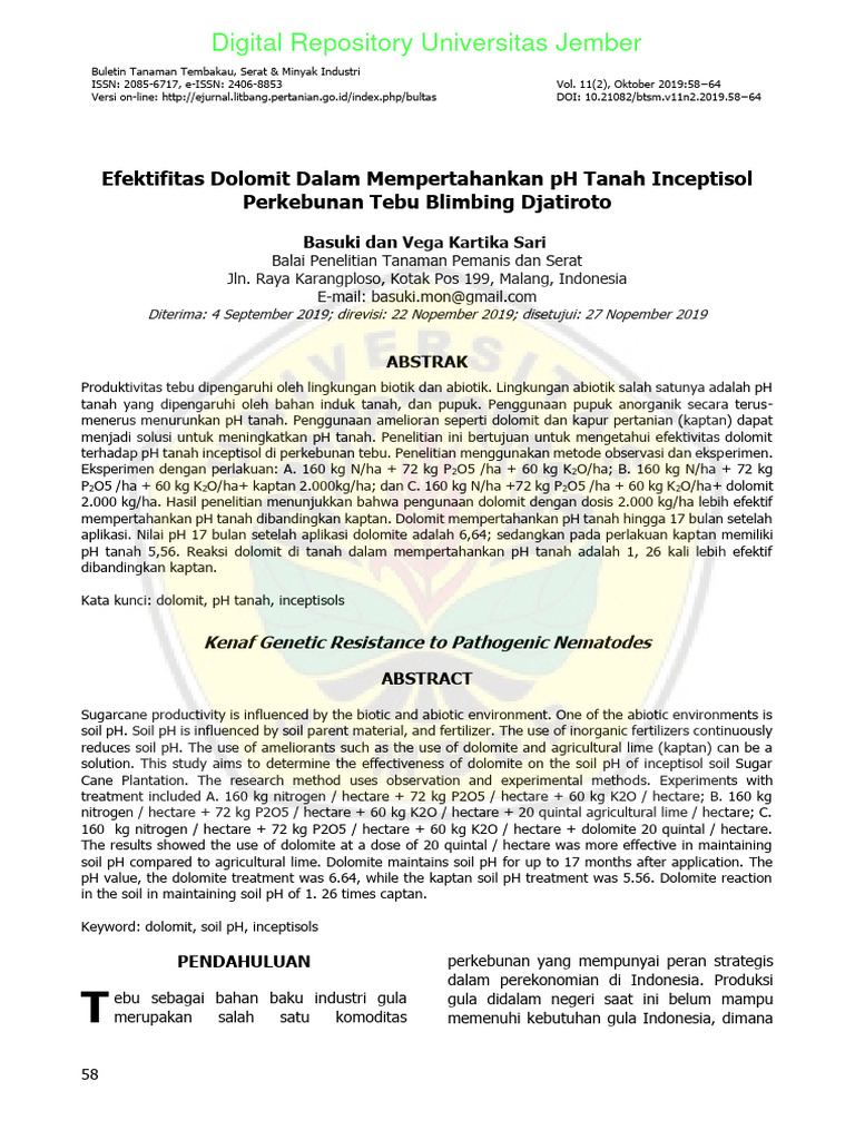 F. P - Jurnal - Basuki - Efektifitas Dolomit Dalam Mempertahankan | PDF
