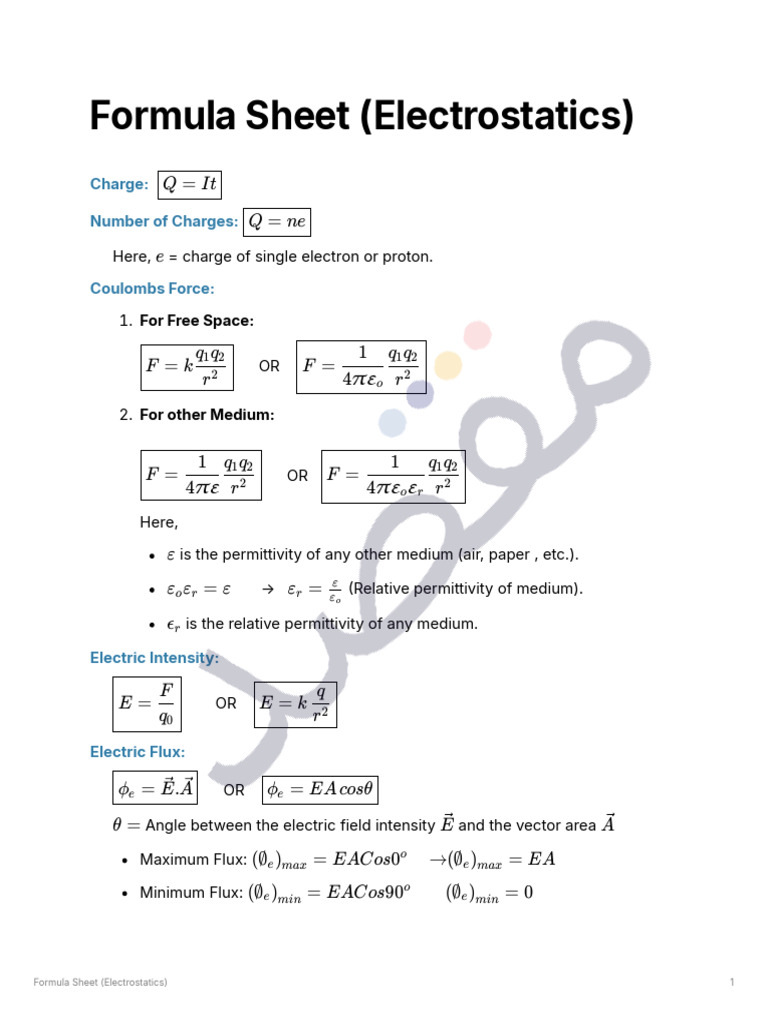 Formula Sheet (Electrostatics) | PDF | Capacitor | Permittivity Formula Sheet (Electrostatics) | PDF | Capacitor | Permittivity