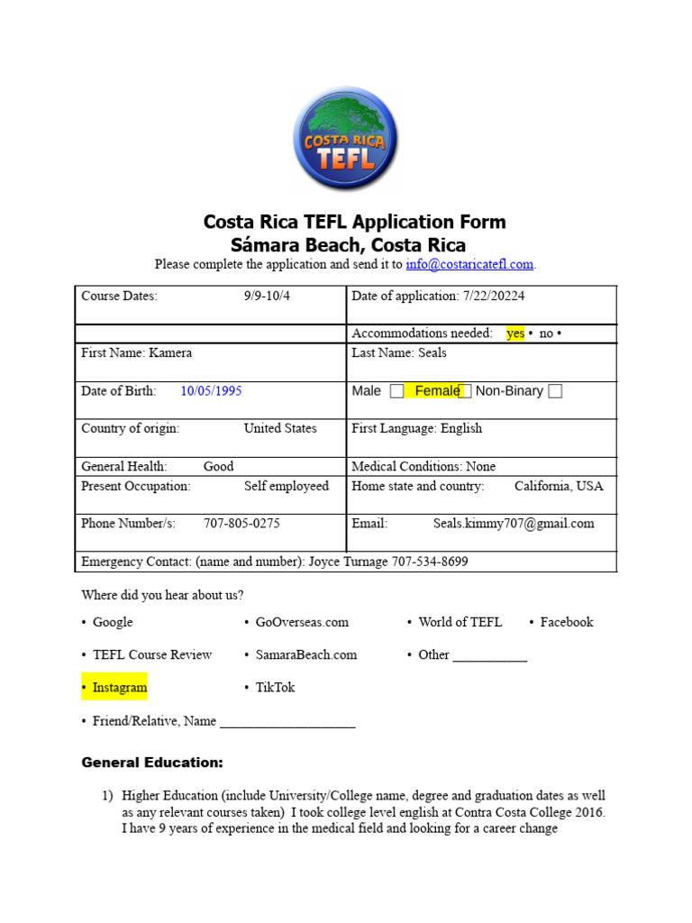 Costa Rica TEFL Application 2024 (1).Docx | PDF | Learning | Cognition