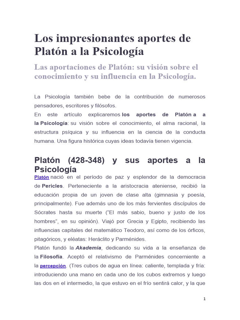 1-Platon y La Psicologia | PDF | Platón | Conocimiento
