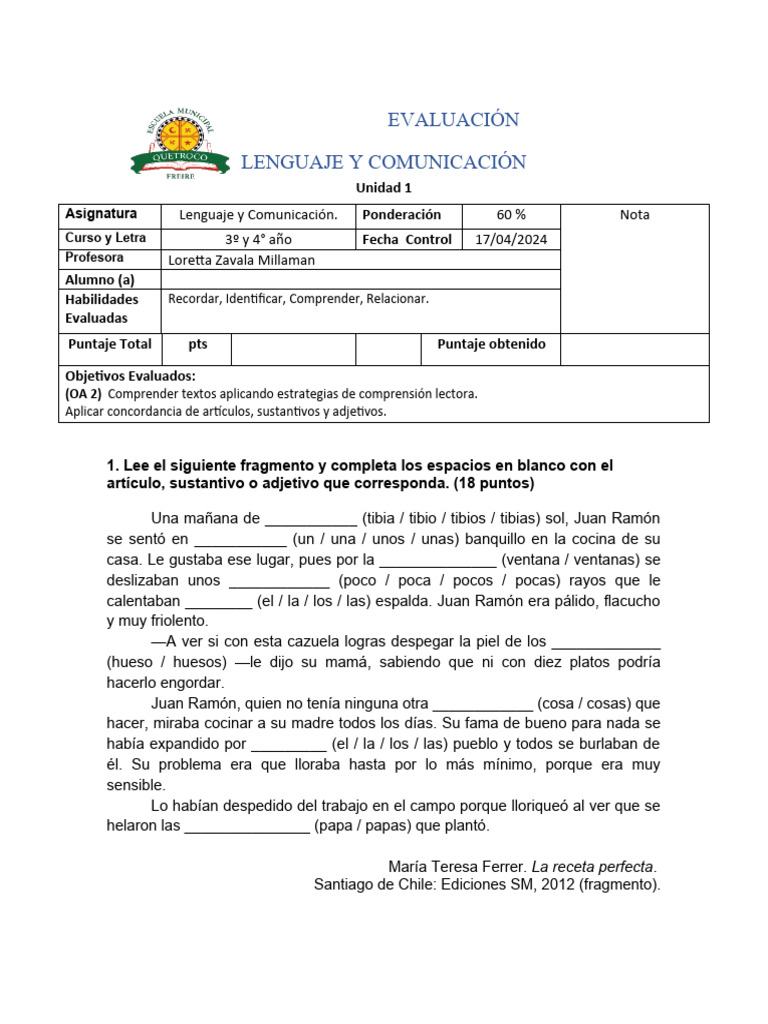 EVALUACIÓN 3ero y 4to DJETIVOS | PDF